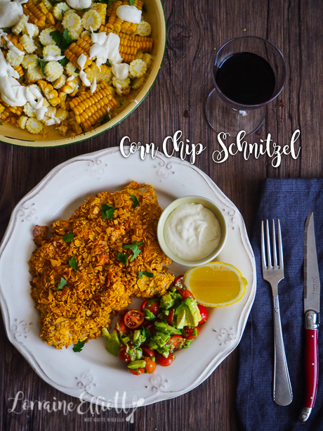 Corn Chip Chicken Schnitzels with Garlic Crema @ Not Quite Nigella