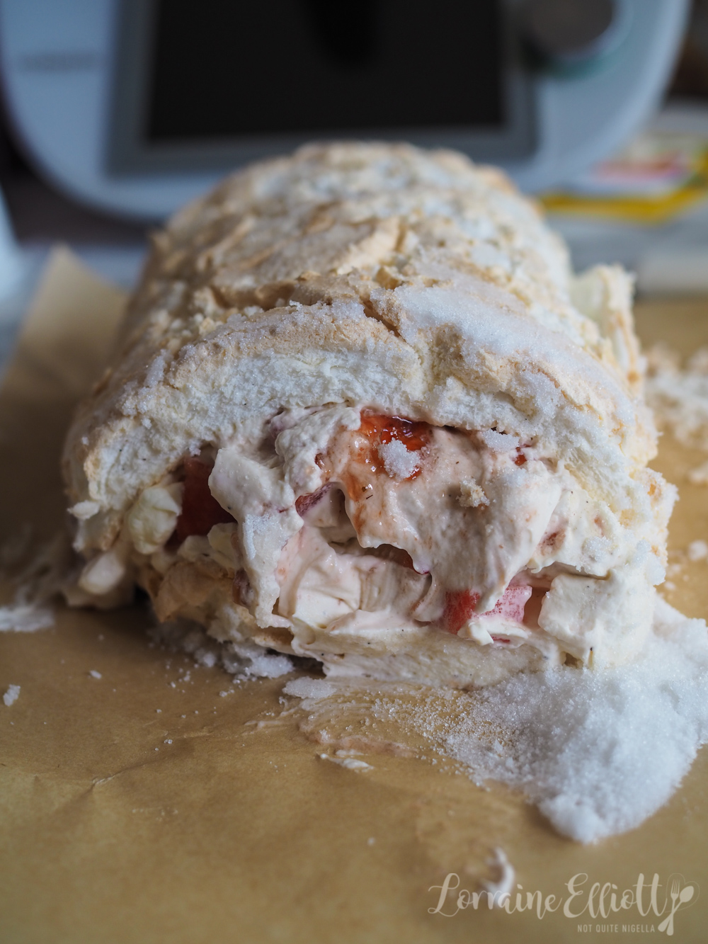 Pavlova Roulade With Watermelon & Strawberry @ Not Quite Nigella