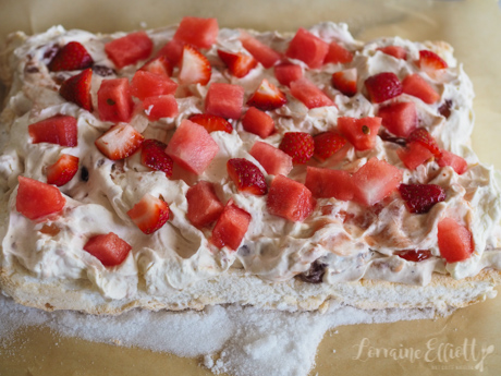 Pavlova Roulade With Watermelon & Strawberry @ Not Quite Nigella