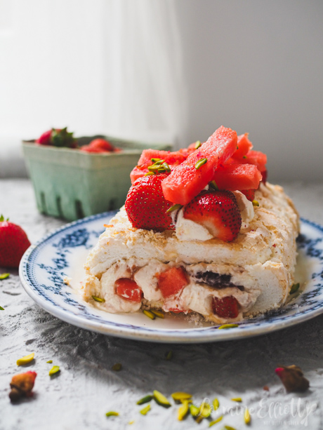 Pavlova Roulade With Watermelon & Strawberry @ Not Quite Nigella
