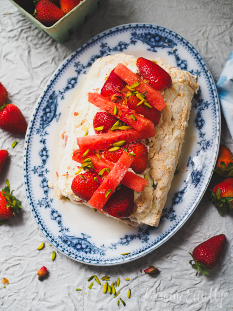 Pavlova Roulade With Watermelon & Strawberry @ Not Quite Nigella